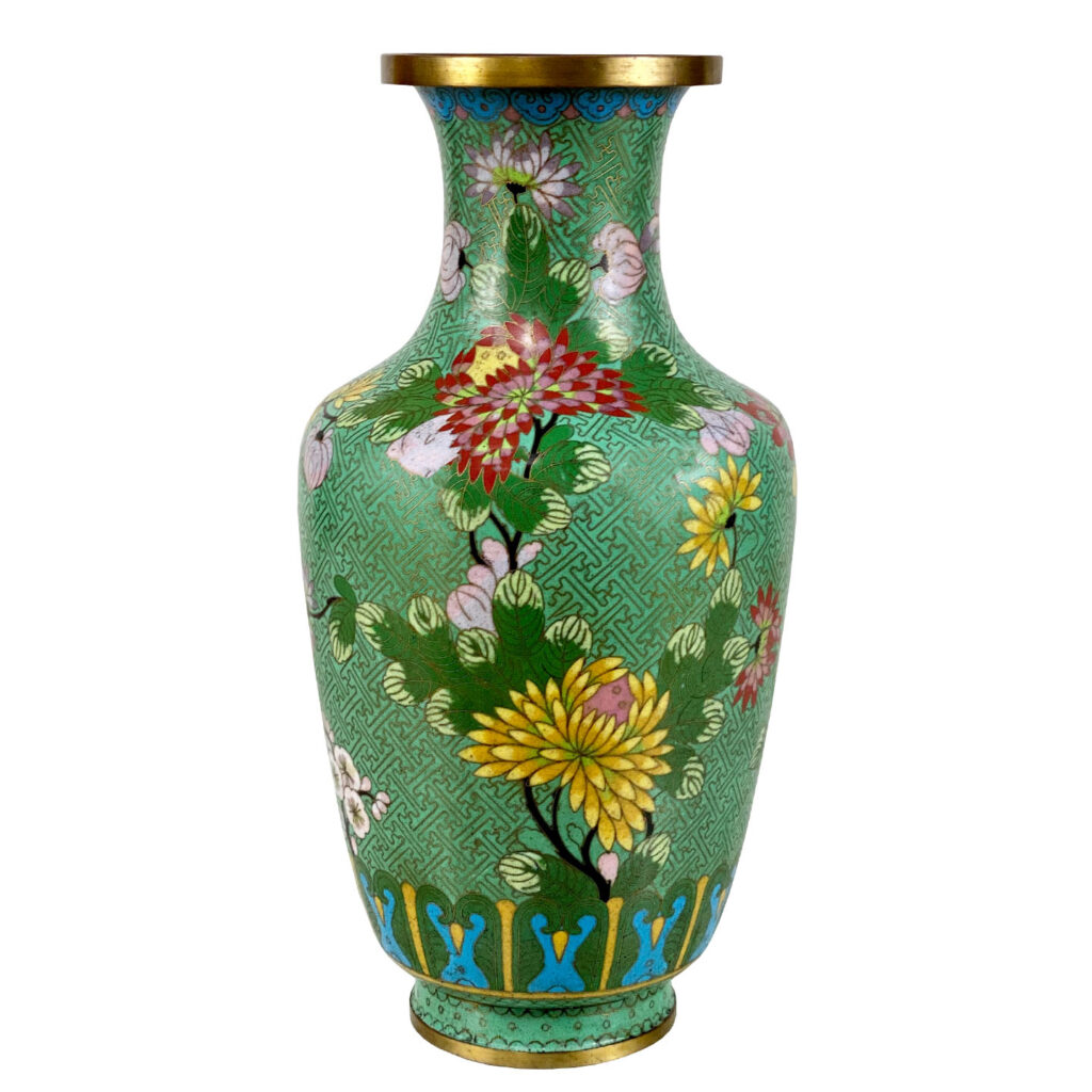 Vintage Chinese Cloisonne Green Enameled Floral Motif Brass Vase ...