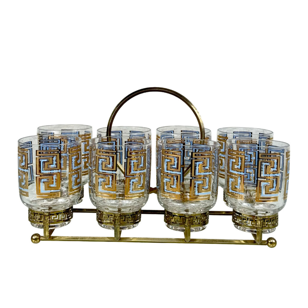 Mid-Century Colony 9pc Greek Key Drink Barware Liquor Glasses & Serving ...